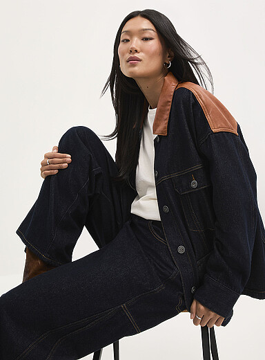 La veste en jean indigo foncé accents façon cuir | Kuwalla | Vestes de ...