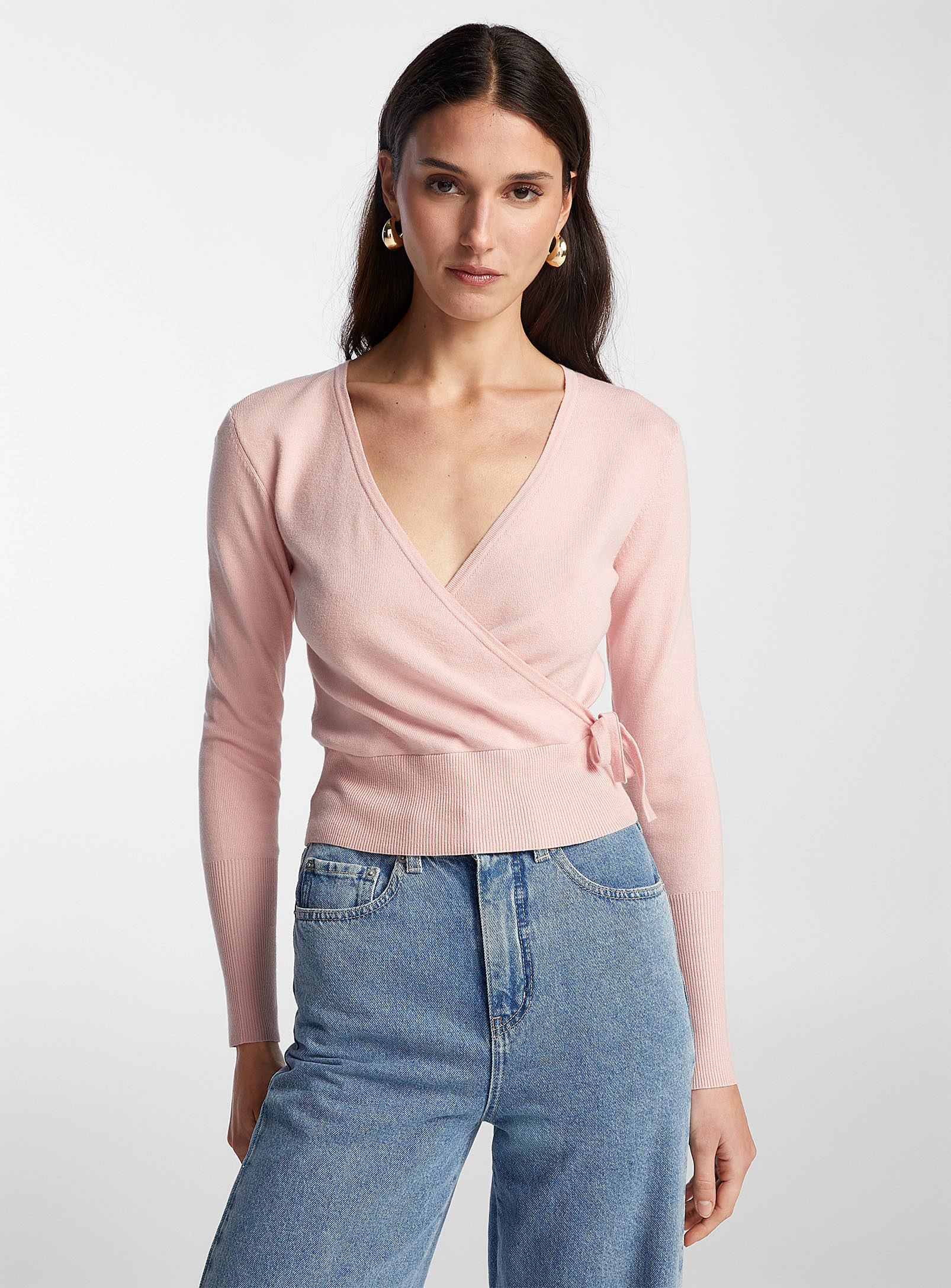 Icone Fine Ribbing Crossover Cardigan In Pink | ModeSens