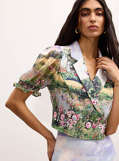 Bucolic landscape puff-sleeve cropped blazer | Icône | Women's Blazers ...