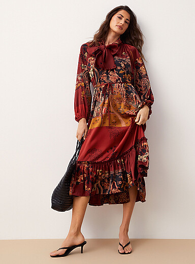 Puff-sleeve shawl-collar satiny dress | Icône | Long Dresses & Maxi ...