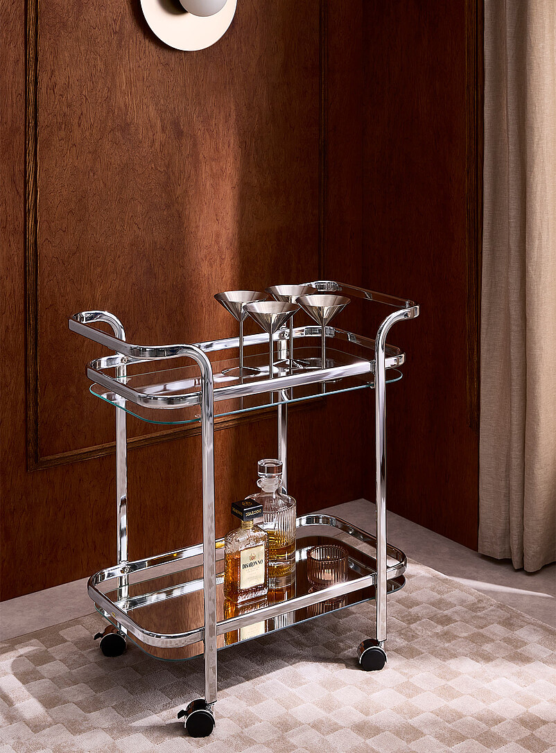 Chrome-finished metal and glass serving cart | Simons Maison | | Simons