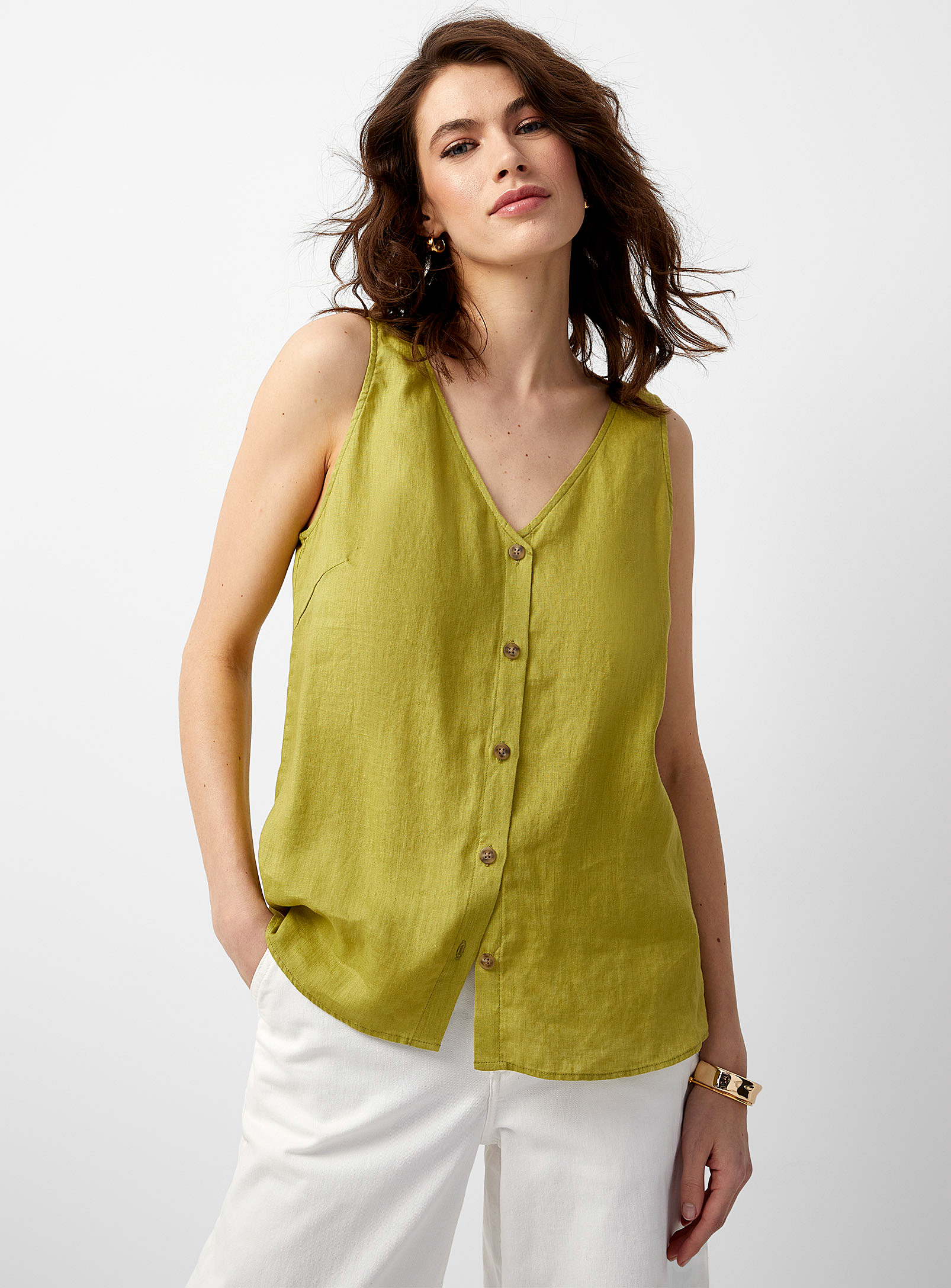 Contemporaine Button-front Pure Linen Cami In Khaki | ModeSens